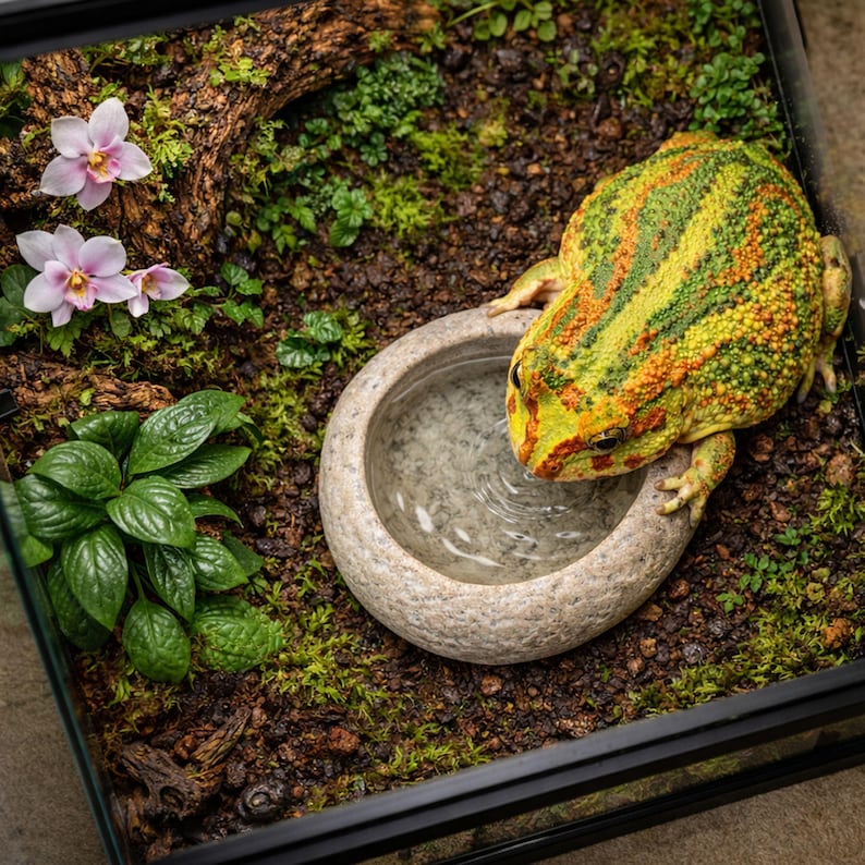 Pacman Frog Natural Pebble Stone Food Water Dish | Heavy Rock Bowl for ...