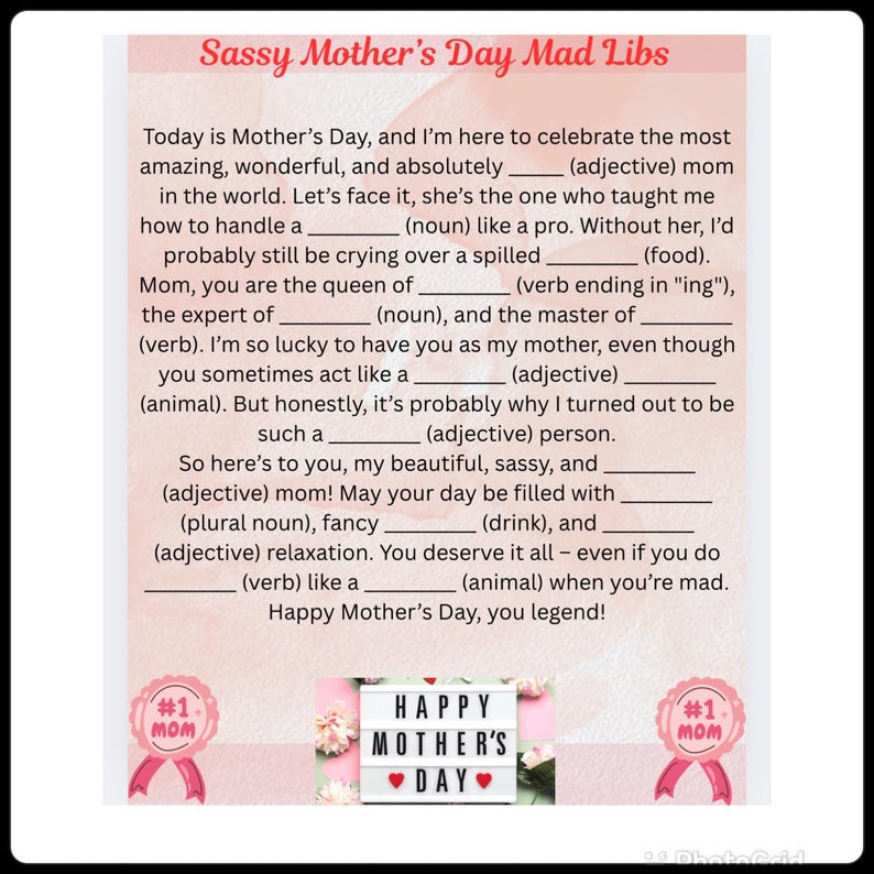 Mother’s Day Mad Libs Sassy Edition - Etsy