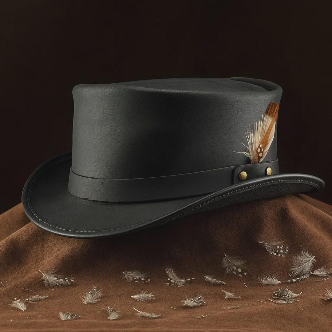 Classic Black Leather Top Hat With a Stylish Feather Handcrafted ...