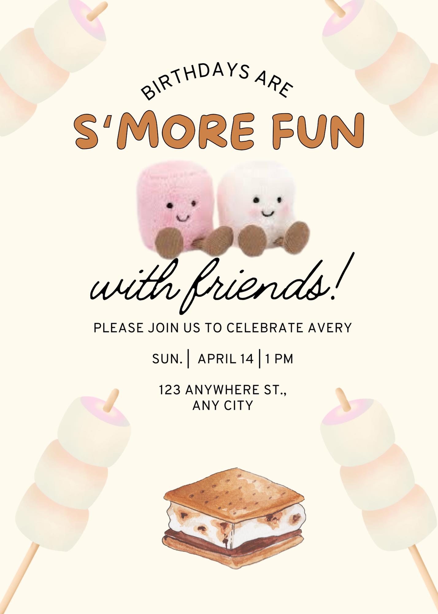 Smores Birthday Invitation Jellycat Marshmallow Party Invite Editable ...