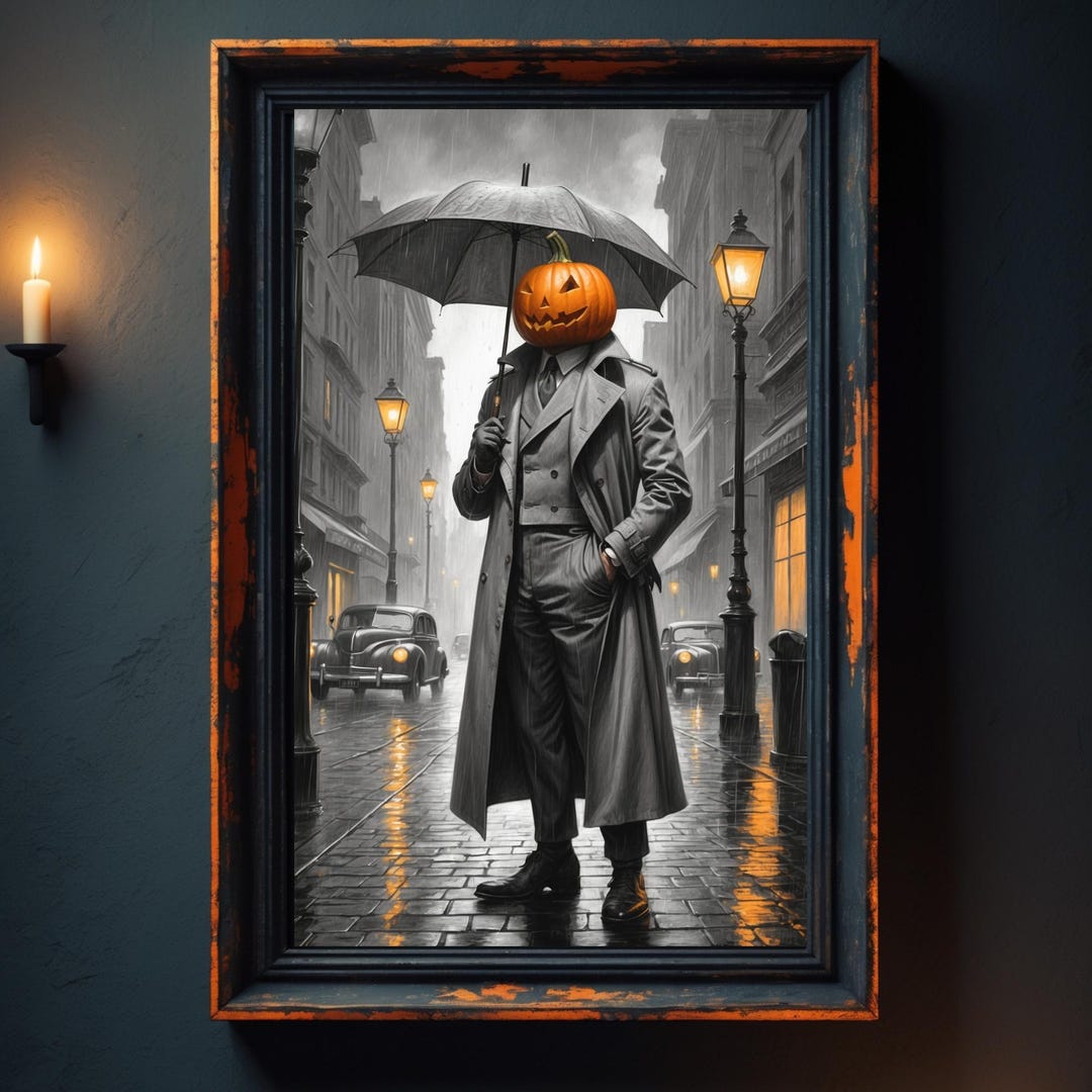 Pumpkin Head Man Print: Vintage Film Noir Halloween Wall Art (digital ...