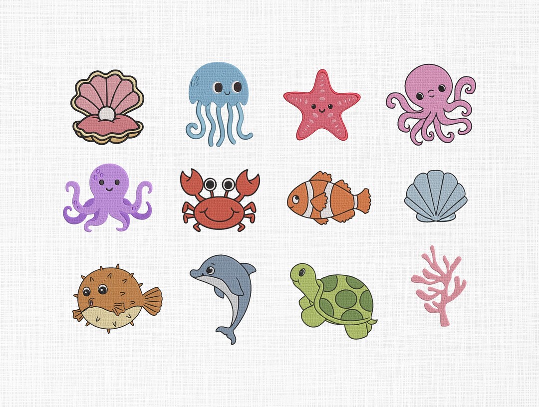 Sea Animals Embroidery Design, Mini Sea Animals Bundle Embroidery, Cute ...