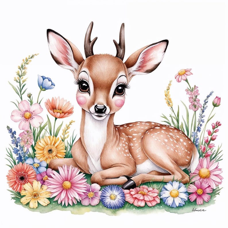 25 Baby Deer Floral Clipart, Watercolor Fawn PNG Bundle, Woodland ...