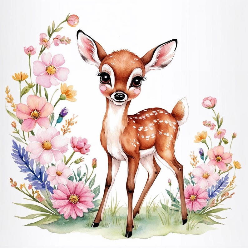25 Baby Deer Floral Clipart, Watercolor Fawn PNG Bundle, Woodland ...