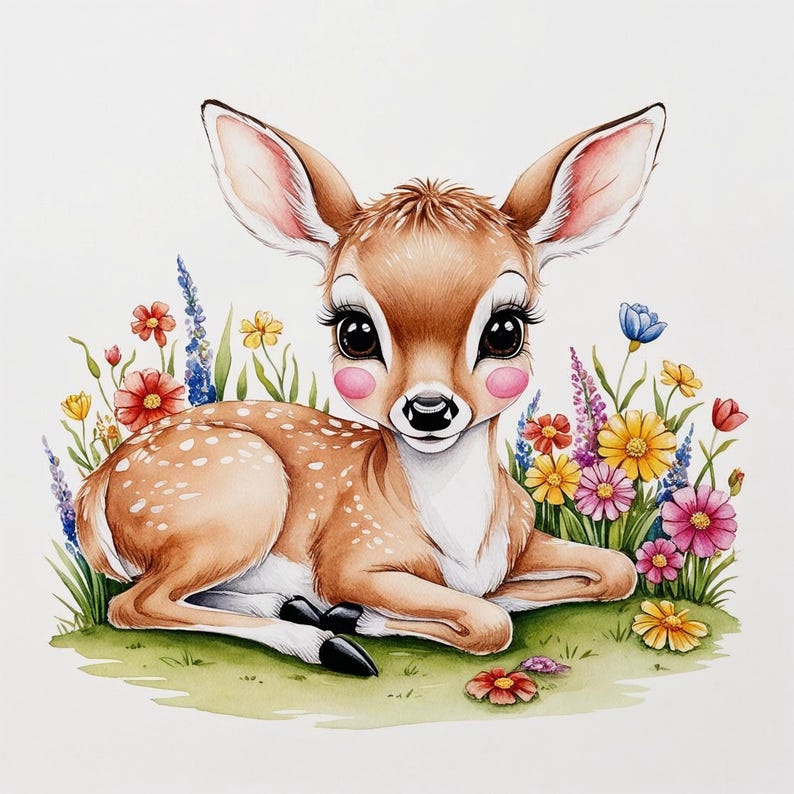 25 Baby Deer Floral Clipart, Watercolor Fawn PNG Bundle, Woodland ...