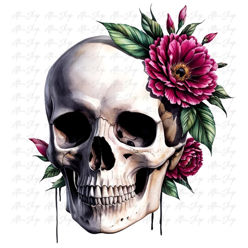 25 Floral Skull Clipart, Watercolor Skull PNG, Gothic Aesthetic Digital ...
