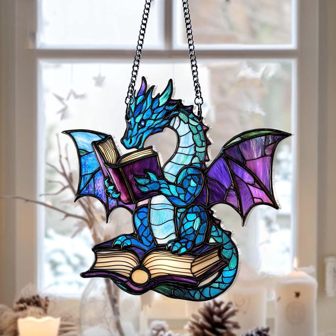 Book Dragon Suncatcher Ornament, Fantasy Dragon Acrylic Window Hanging ...