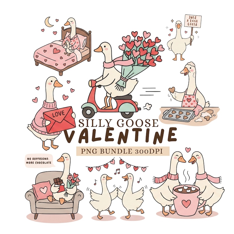 Silly Goose Valentine PNG Bundle (8 Designs), Cute Doodle Goose Clipart ...