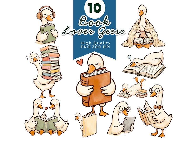 Book Lover Clipart Bundle, Silly Goose Reading PNG, Kindle Sticker ...
