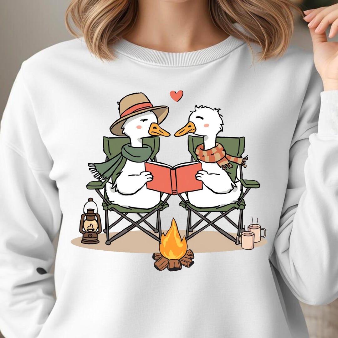 Silly Goose Couple Camping PNG, Book Lover Geese Reading by Campfire ...