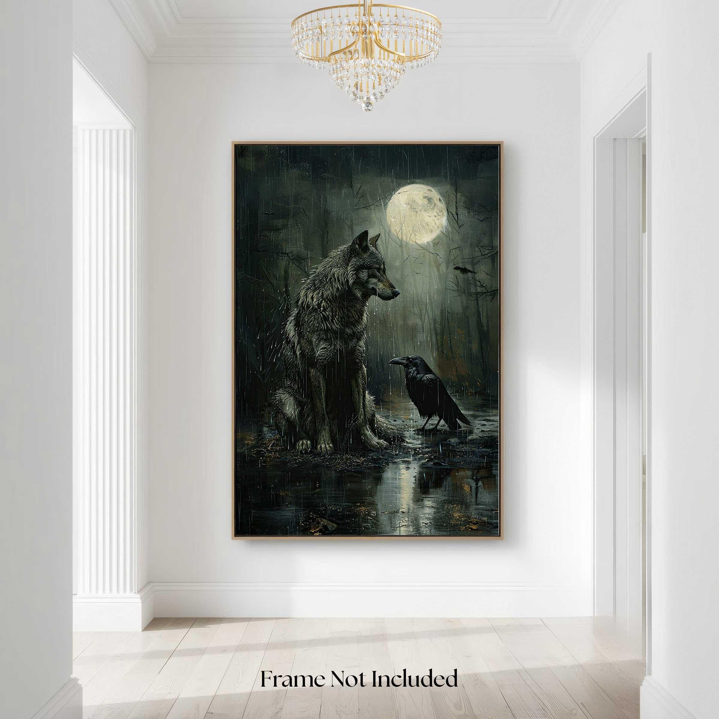 Wolf and Raven Art, Moonlit Rain Painting, Gothic Wildlife Wall Art ...