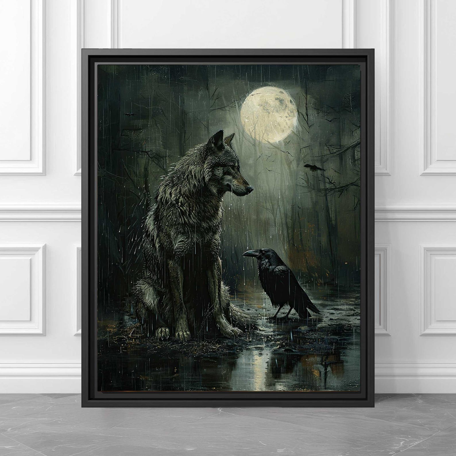 Wolf and Raven Art, Moonlit Rain Painting, Gothic Wildlife Wall Art ...