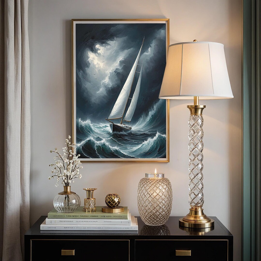 Nautical Wall Art, Stormy Seascape Art, Sailboat Decor, Dramatic Ocean ...