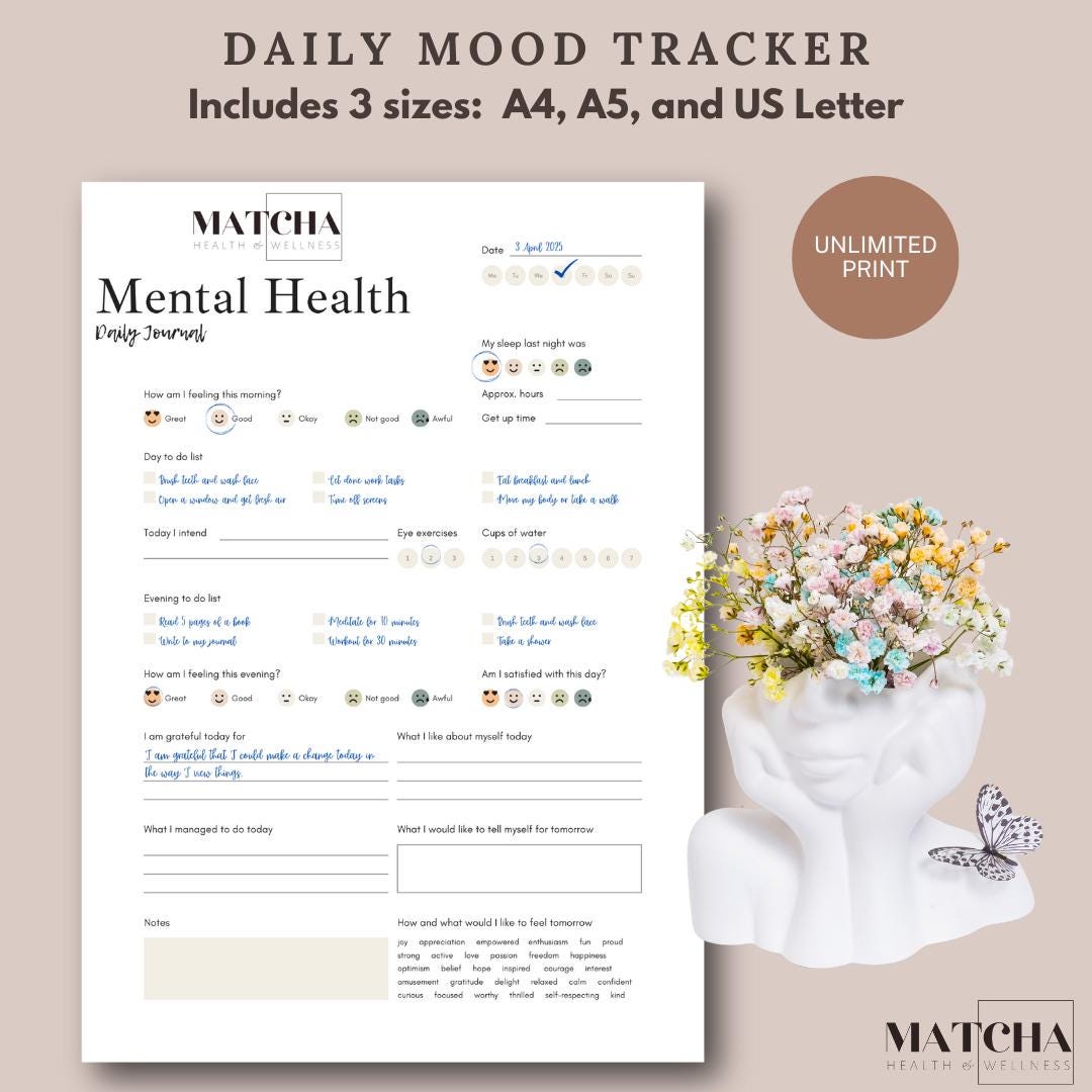 Daily Mood Tracker, Journal, Printable – Mental Health Tracker, Self ...
