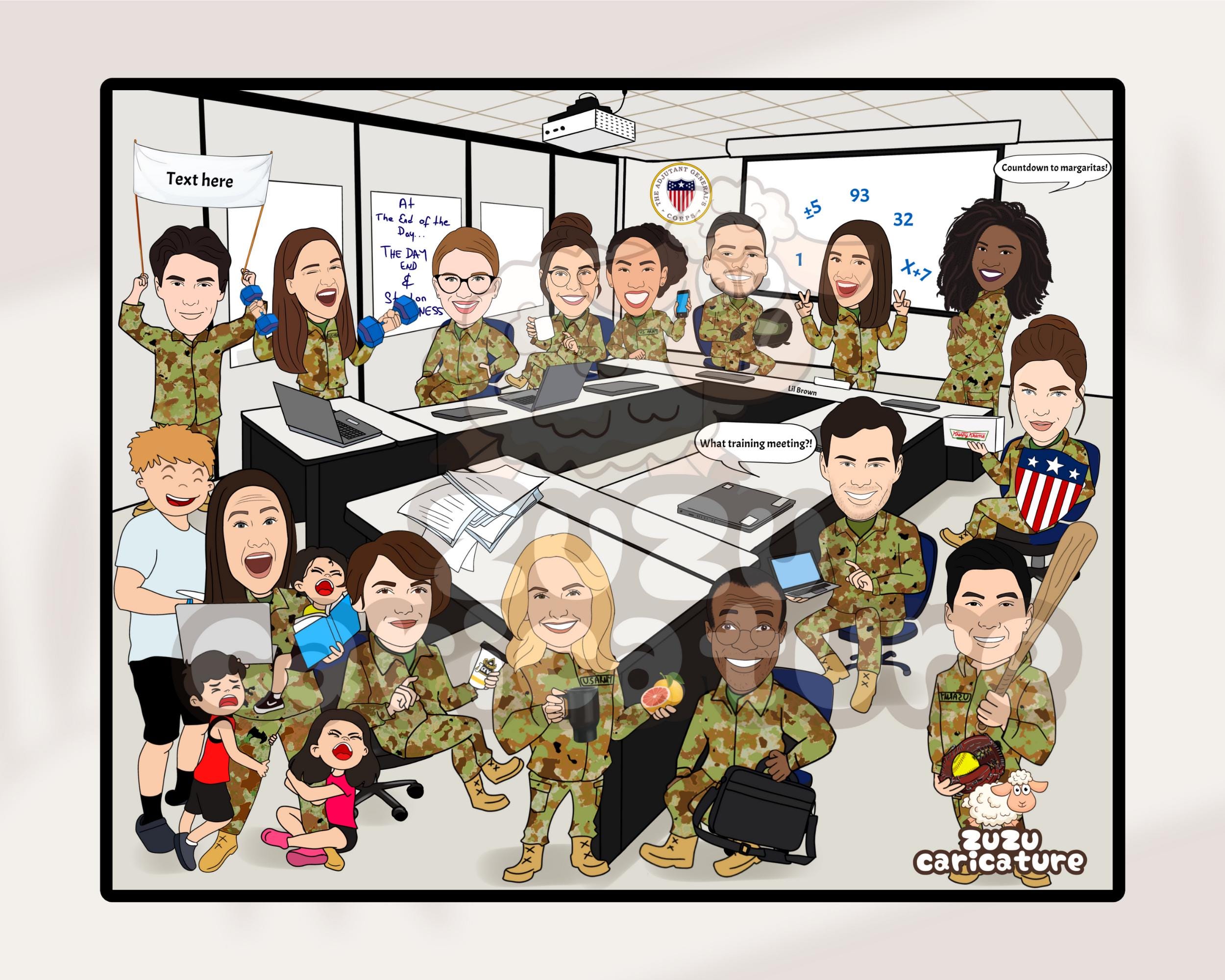 Military Office Caricature | Custom Army Team Portrait | Unique Soldier ...