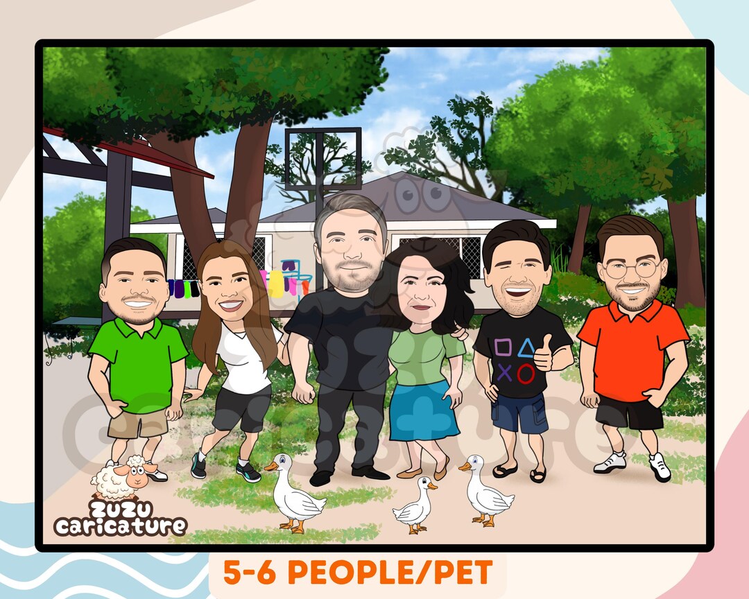 Large Family Caricature | Uncle, Aunt & Kids Cartoon, Big Happy Family ...