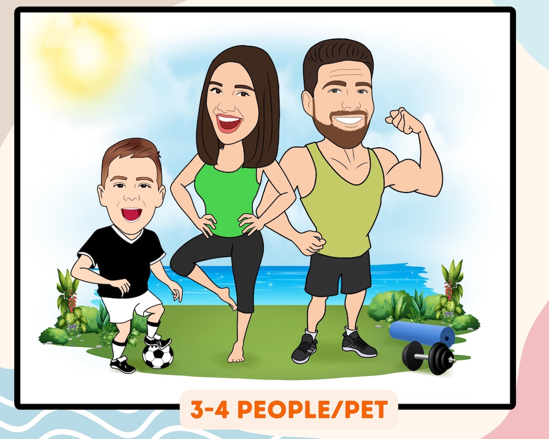 Outdoor Family Fitness Caricature, Custom Active Lifestyle Portrait ...