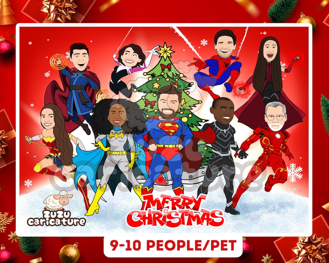 Superhero Office Team Caricature, Xmas Gift for Boss, Holiday Greeting ...