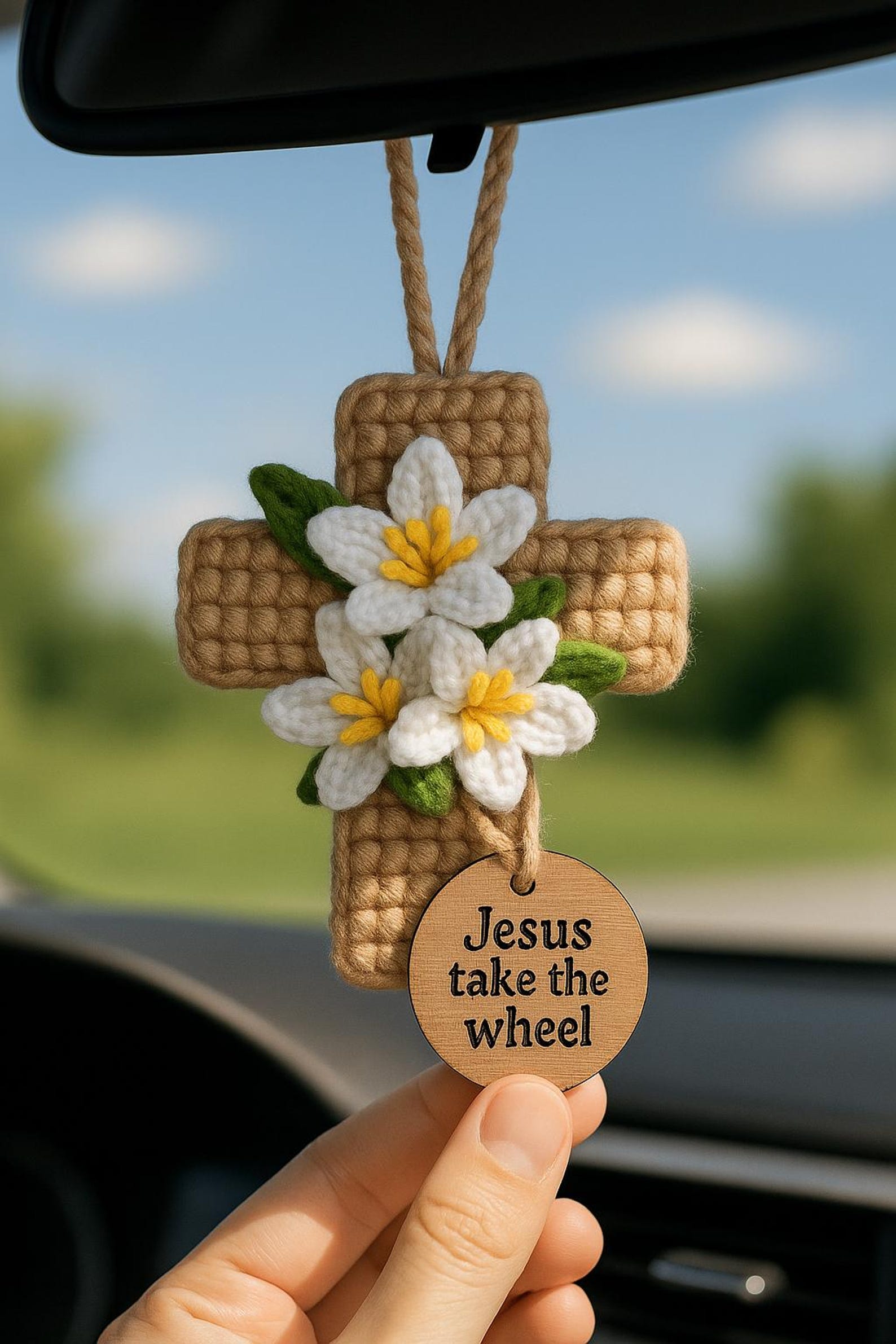 Crochet Cross Car Charm With Flowers – Jesus Rearview Mirror Hanging ...