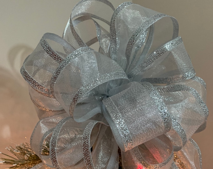 Large Christmas Tree Topper Bow Sheer Silver Center With - Etsy