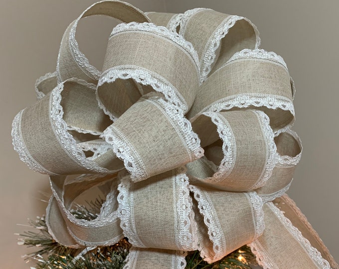 Large Christmas Tree Topper Bow Natural Linen With White Lace Ribbon 5 ...