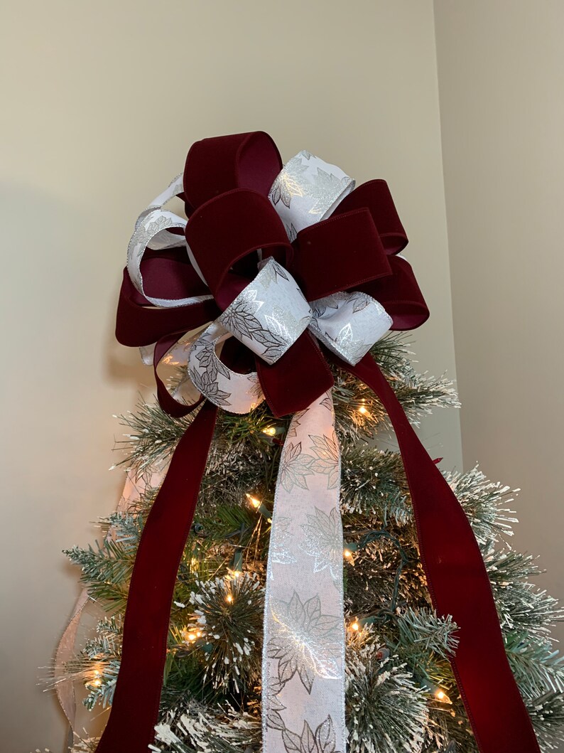 Large Christmas Tree Topper: White Linen, Silver Glitter Poinsettia ...