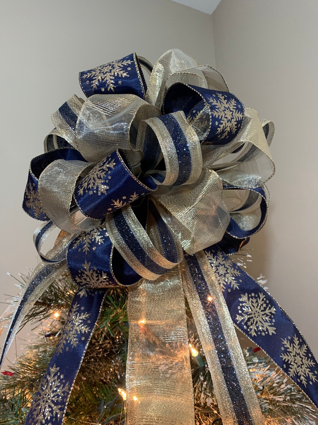Large Christmas Tree Topper Bow Navy Blue With Champagne Gold ...