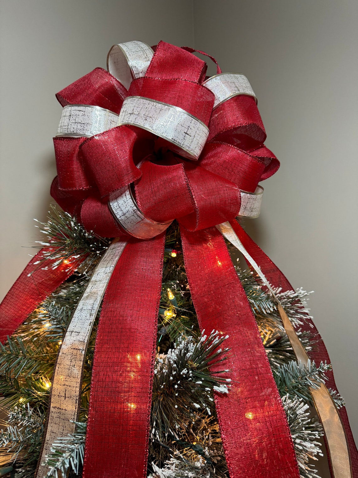 Large Christmas Tree Topper Bow: Red Linen, Champagne Gold Ribbon - Etsy