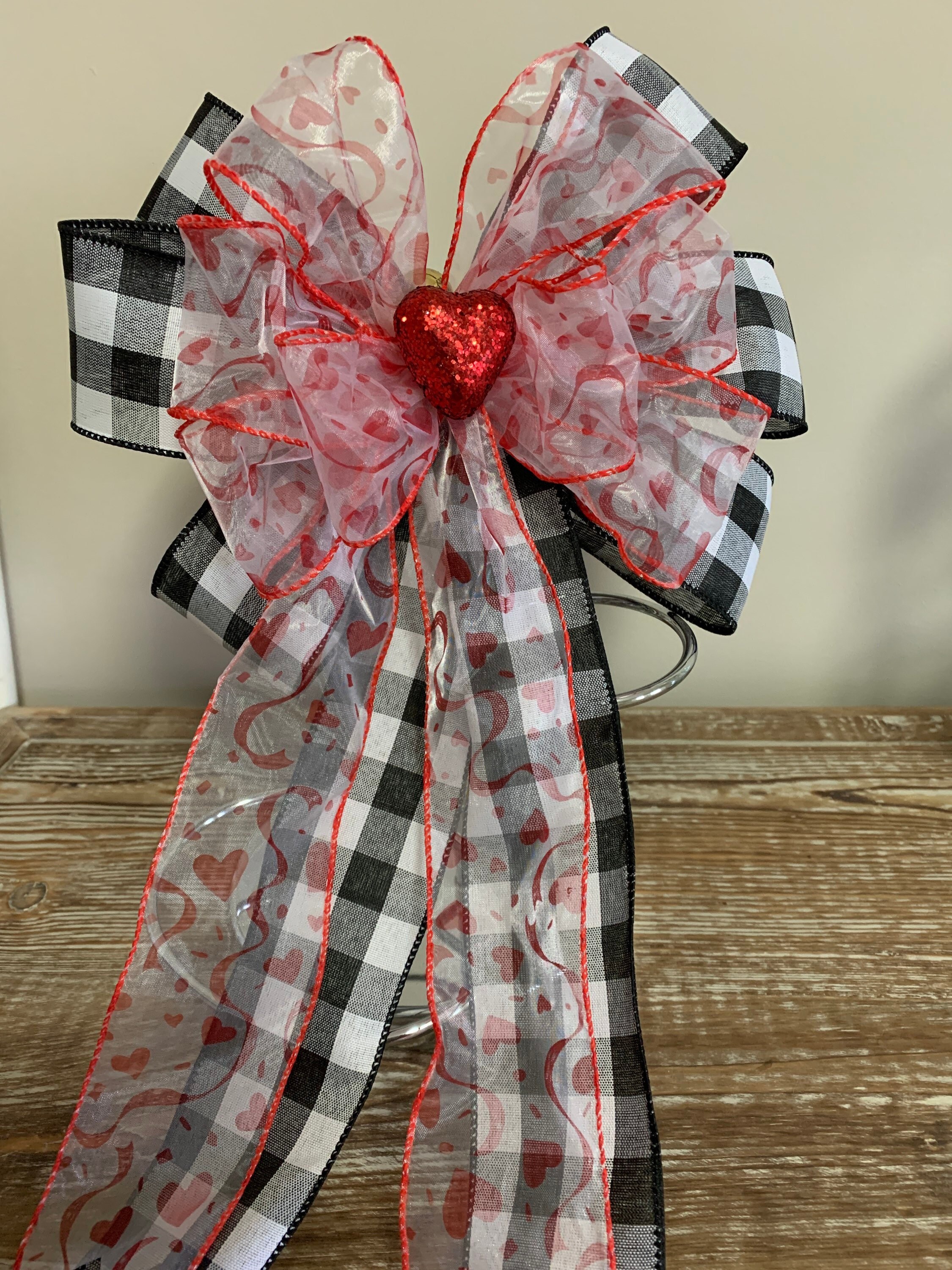 Valentine Bow Sheer Ribbon With Red Hearts and Swirls on a - Etsy
