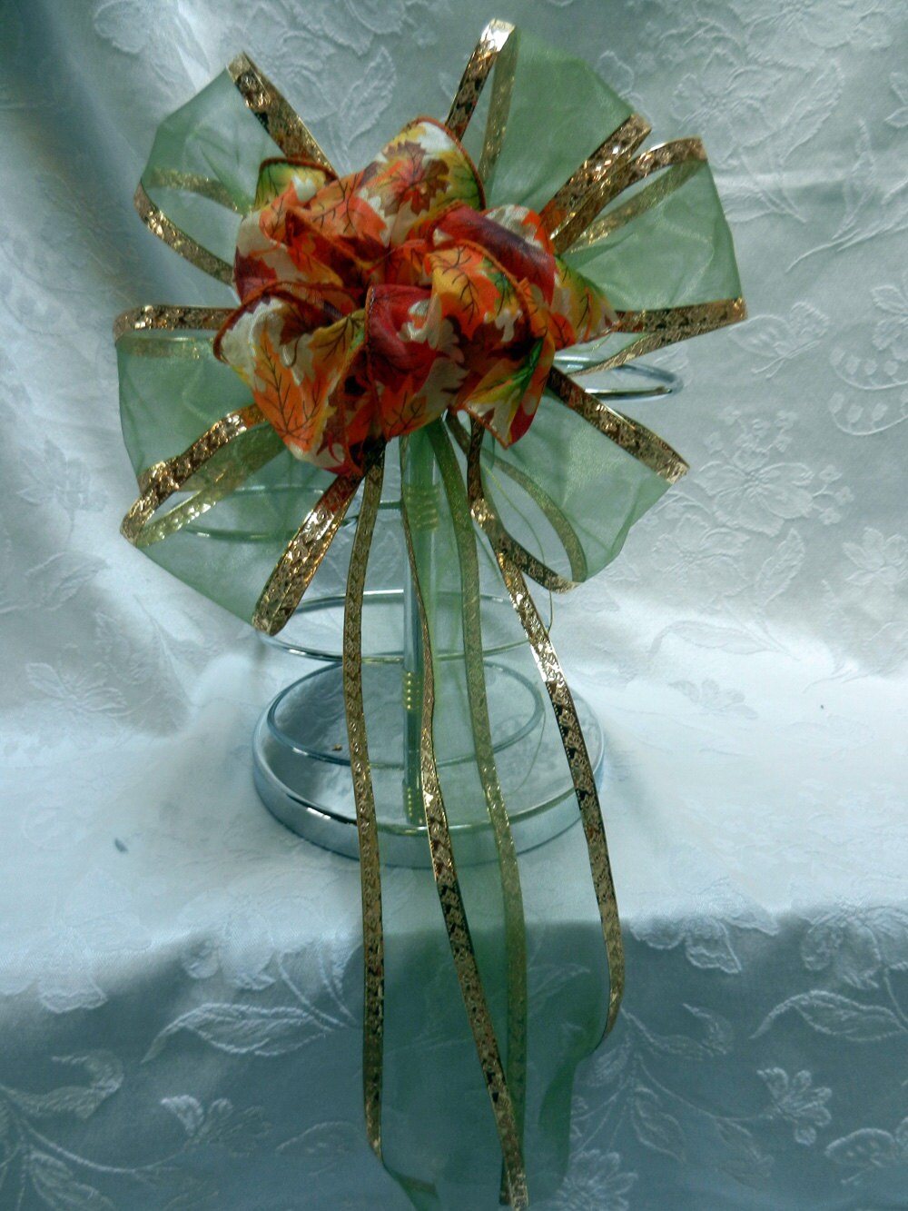 Fall/autumn Bow Fall Leaves on a Sheer Green With Gold Trim - Etsy