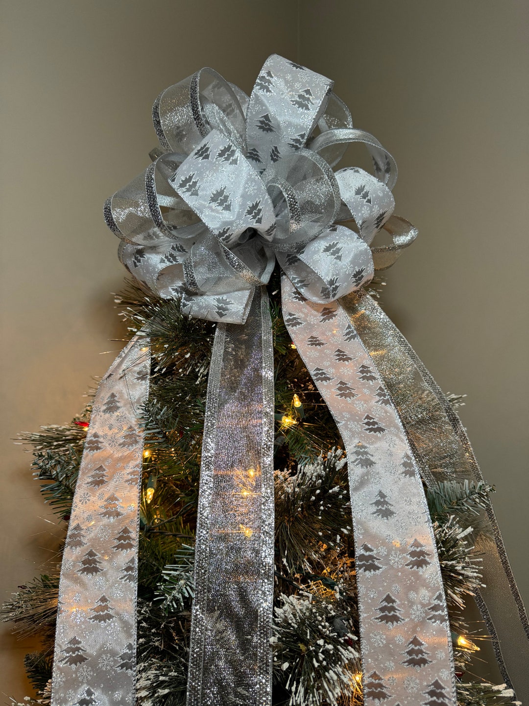 Large Christmas Tree Topper Bow Made With a White Ribbon With Pewter ...