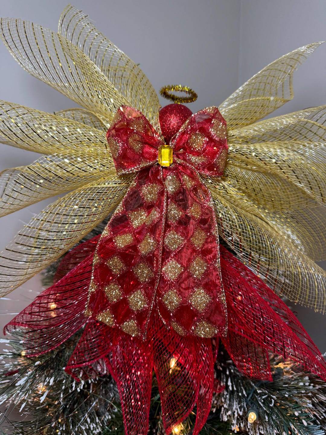 Red and Gold Deco Mesh Angel, Tree Topper, Guardian Angel, Get Well ...