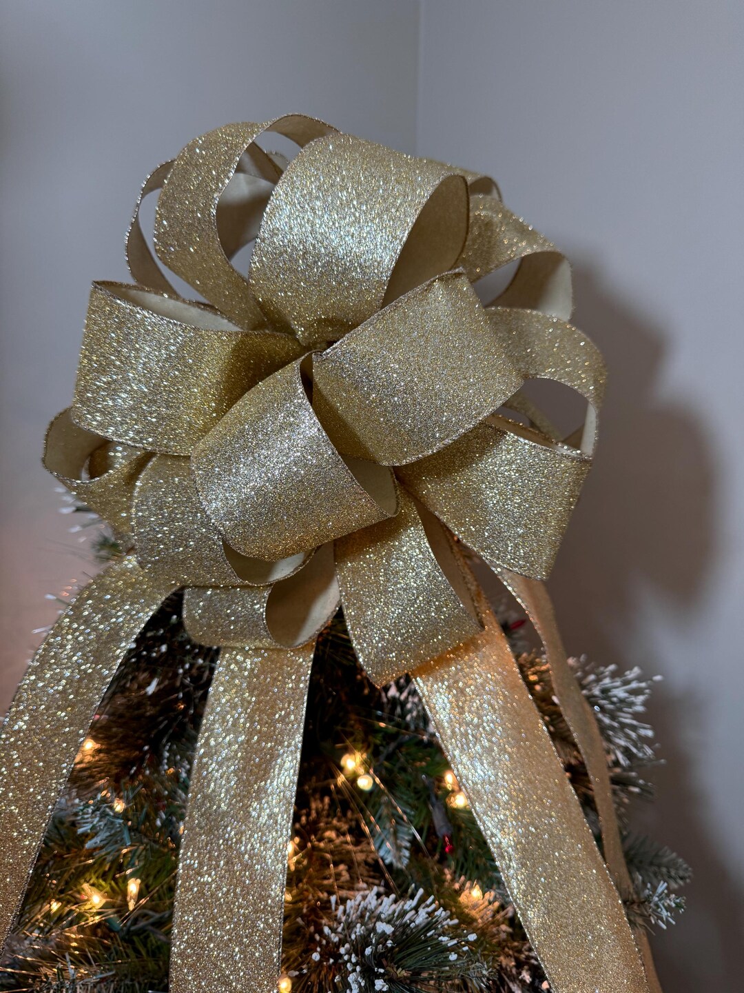 Large Christmas Tree Topper Bow Made of a Champagne Gold Glitter Ribbon ...