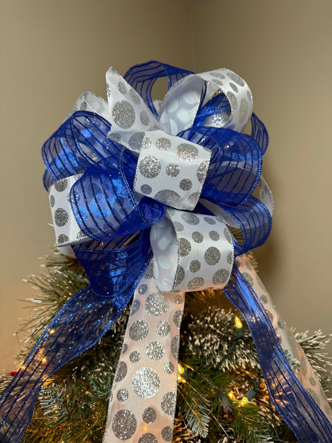 Large Christmas Tree Topper Bow: White, Silver Glitter & Blue Ribbon - Etsy