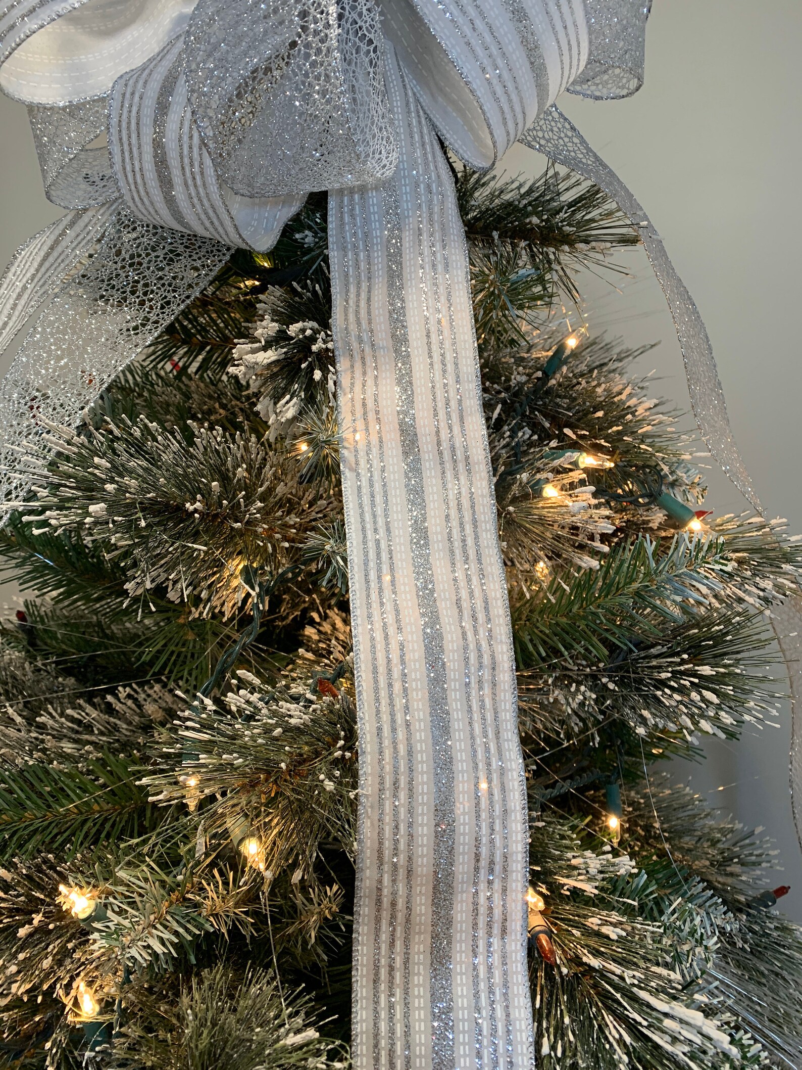 Large Christmas Tree Topper White Ribbon With Silver Glitter | Etsy