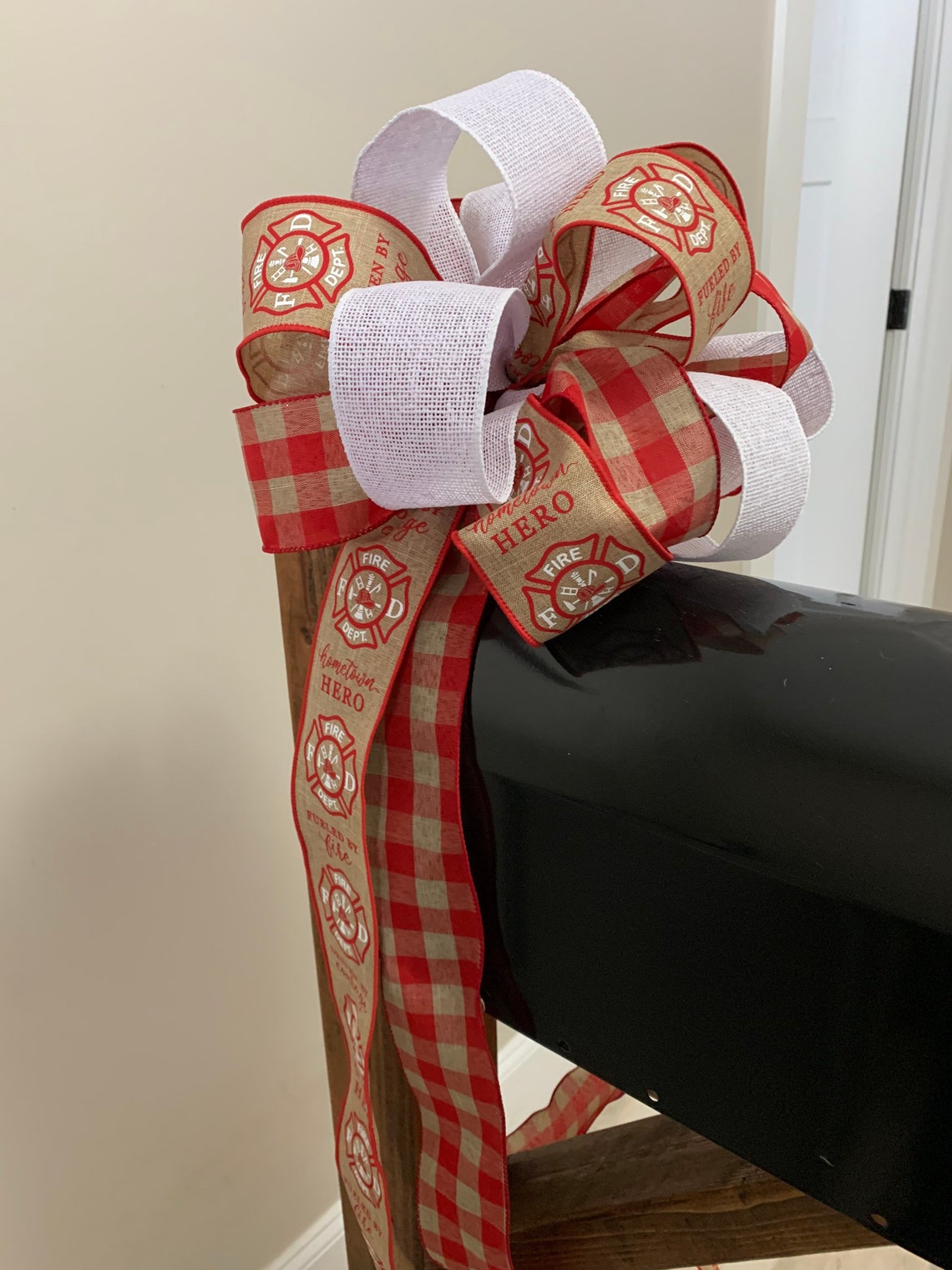 Mailbox Bow Sm. Tree Topper Firefighters Bow Natural Burlap | Etsy