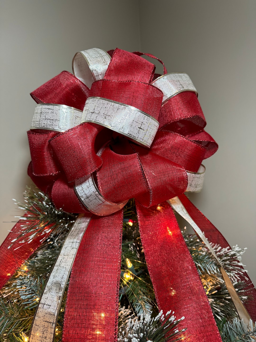 Large Christmas Tree Topper Bow: Red Linen, Champagne Gold Ribbon - Etsy