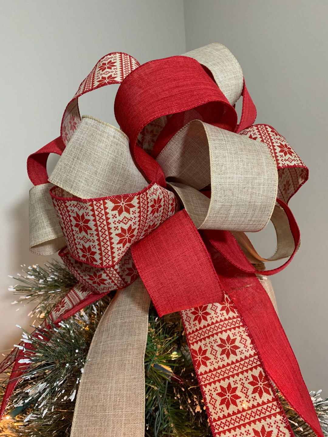 Large Christmas Tree Topper Bow: Red Canvas & Nordic Print Ribbon - Etsy