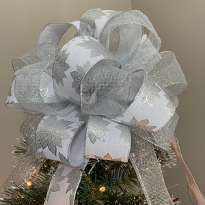 Large Christmas Tree Topper: White Linen Silver Glitter Poinsettia Bow ...