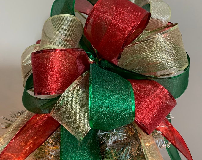 Large Sheer Gold Red and Green Ribbon Christmas Tree Topper Bow 8ft ...