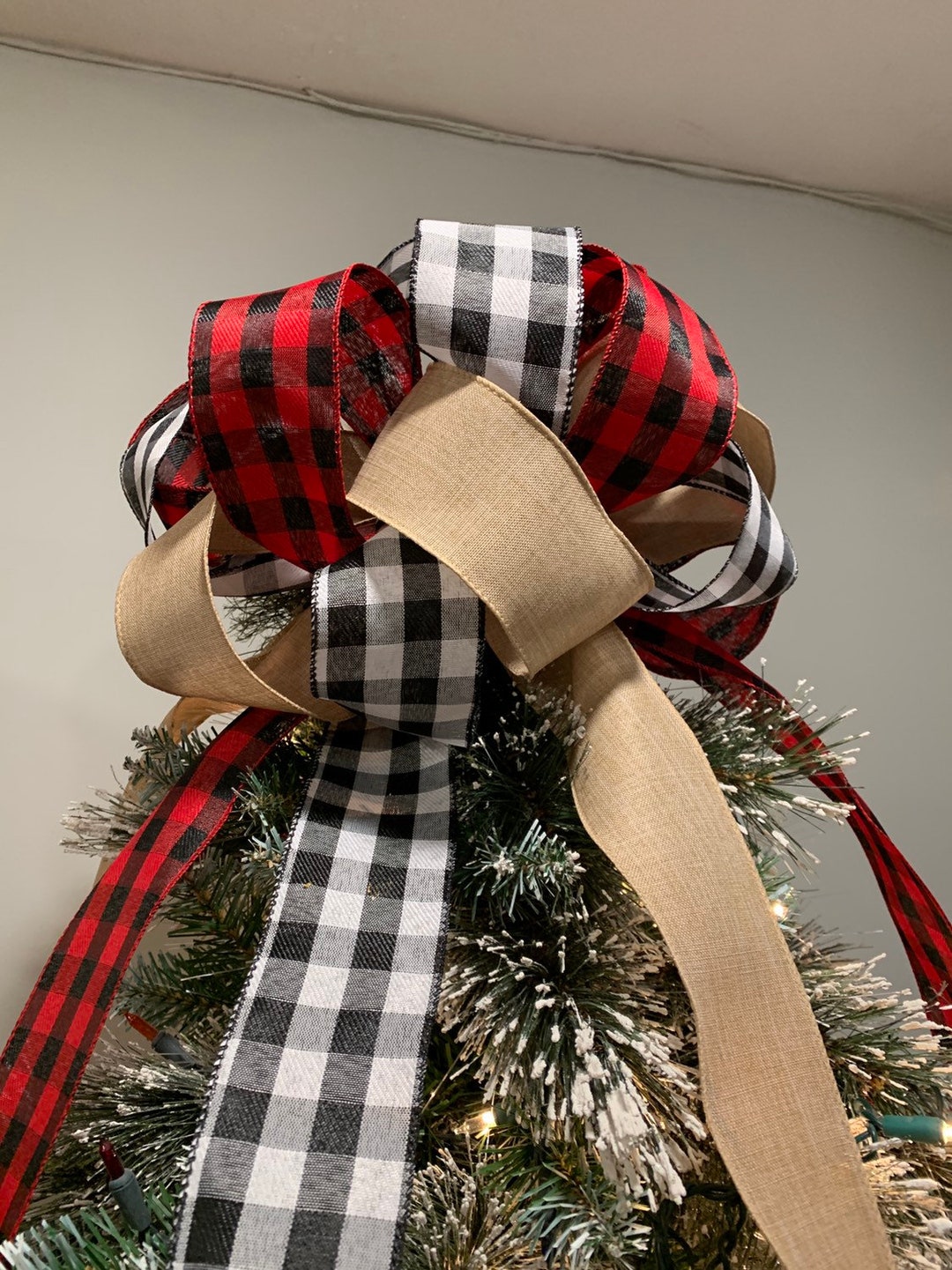 Lg Xmas Tree Topper Made W/ a Red and Blk Buffalo Plaid Ribbon, a White ...