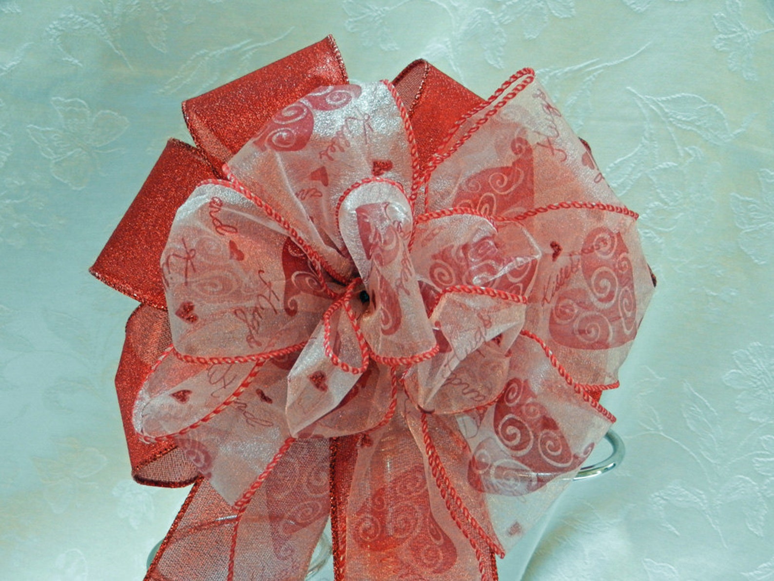 Valentine Wreath Bow Sheer Ribbon With Red Hearts and Hugs and - Etsy