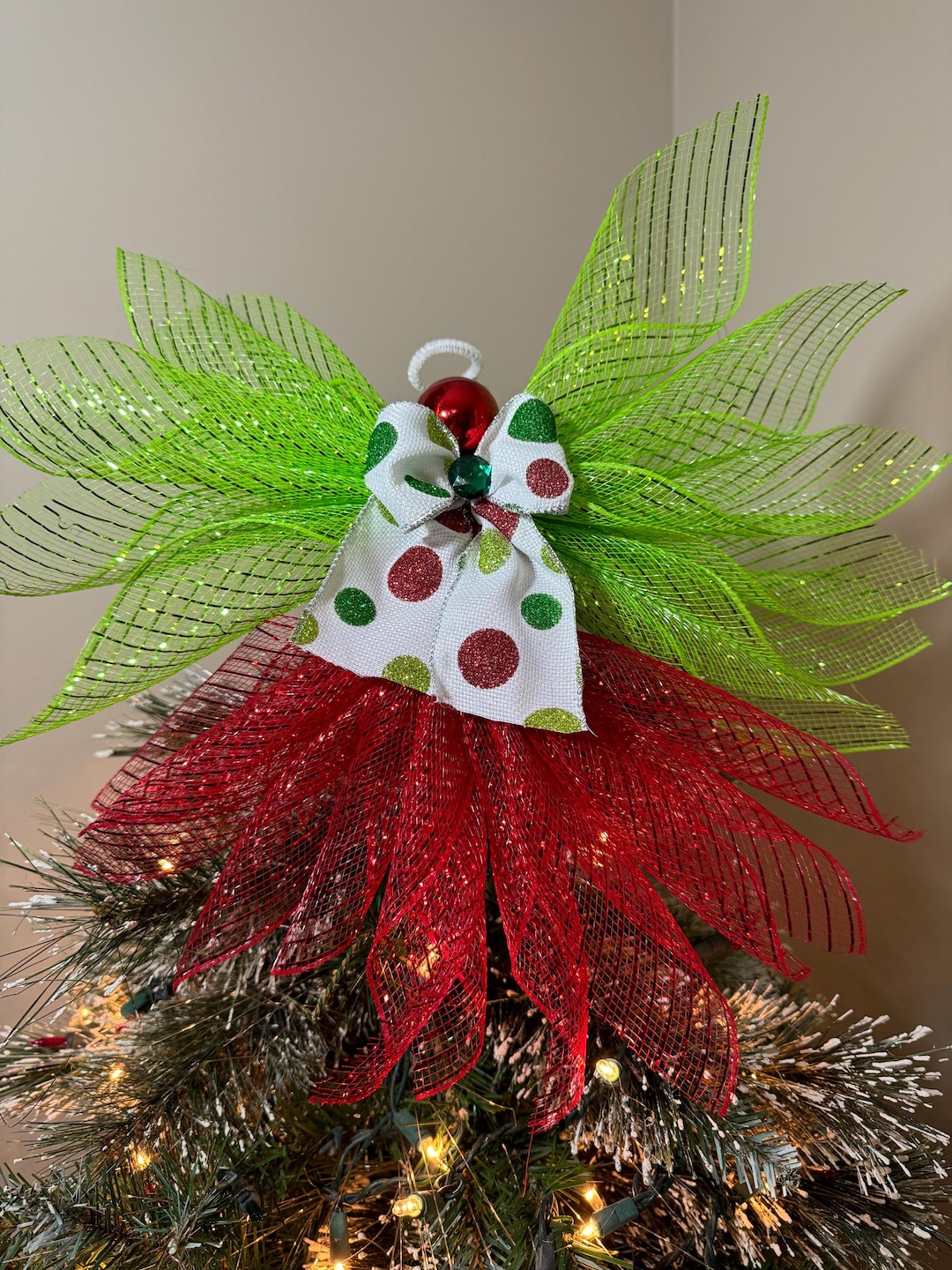 Red and Lime Green Deco Mesh Angel, Tree Topper, Guardian Angel, Get ...