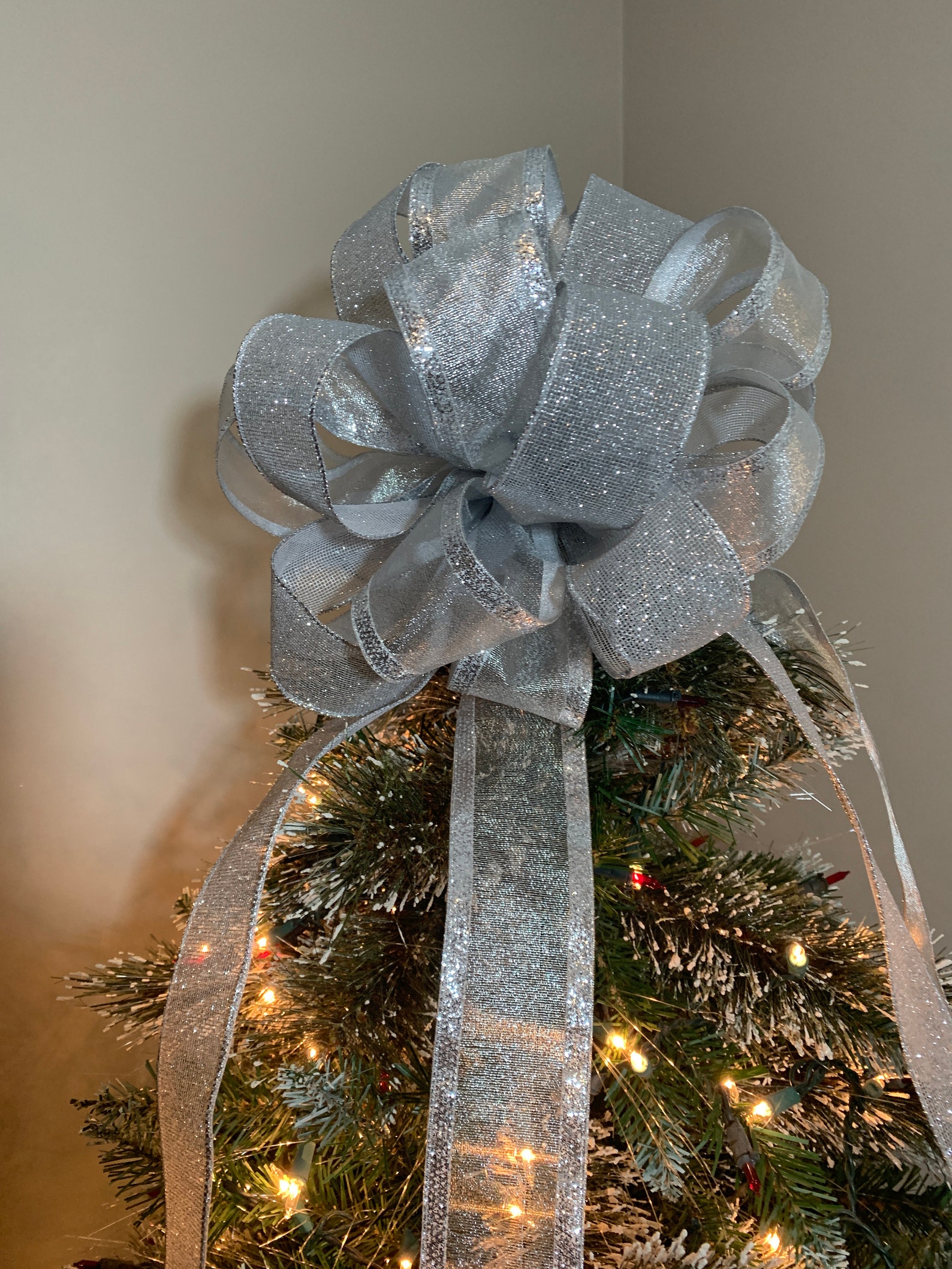 Large Christmas Tree Topper Bow Sheer Silver Center W/ Silver - Etsy