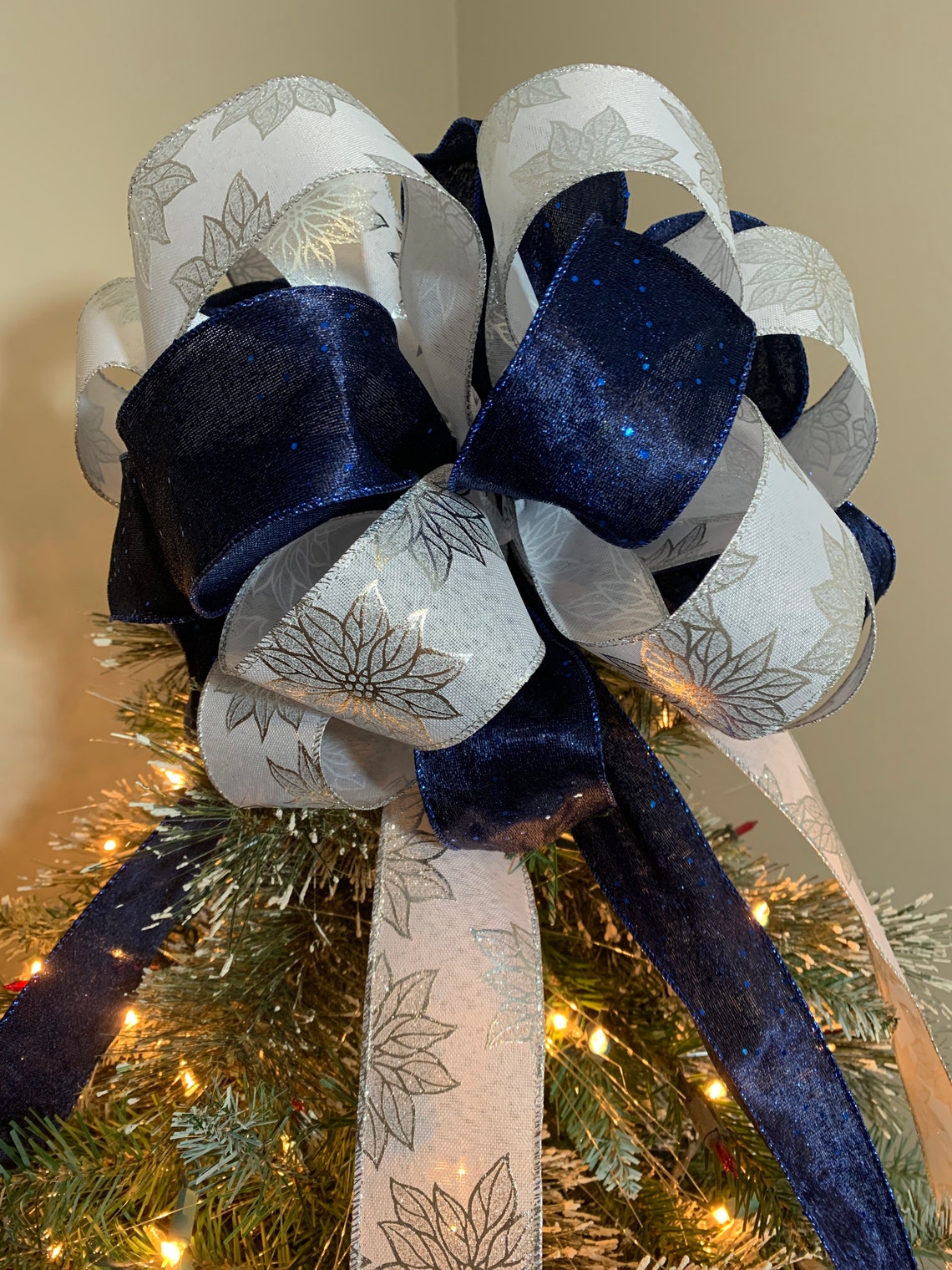 Large Christmas Tree Topper White Linen With Silver Shiny - Etsy