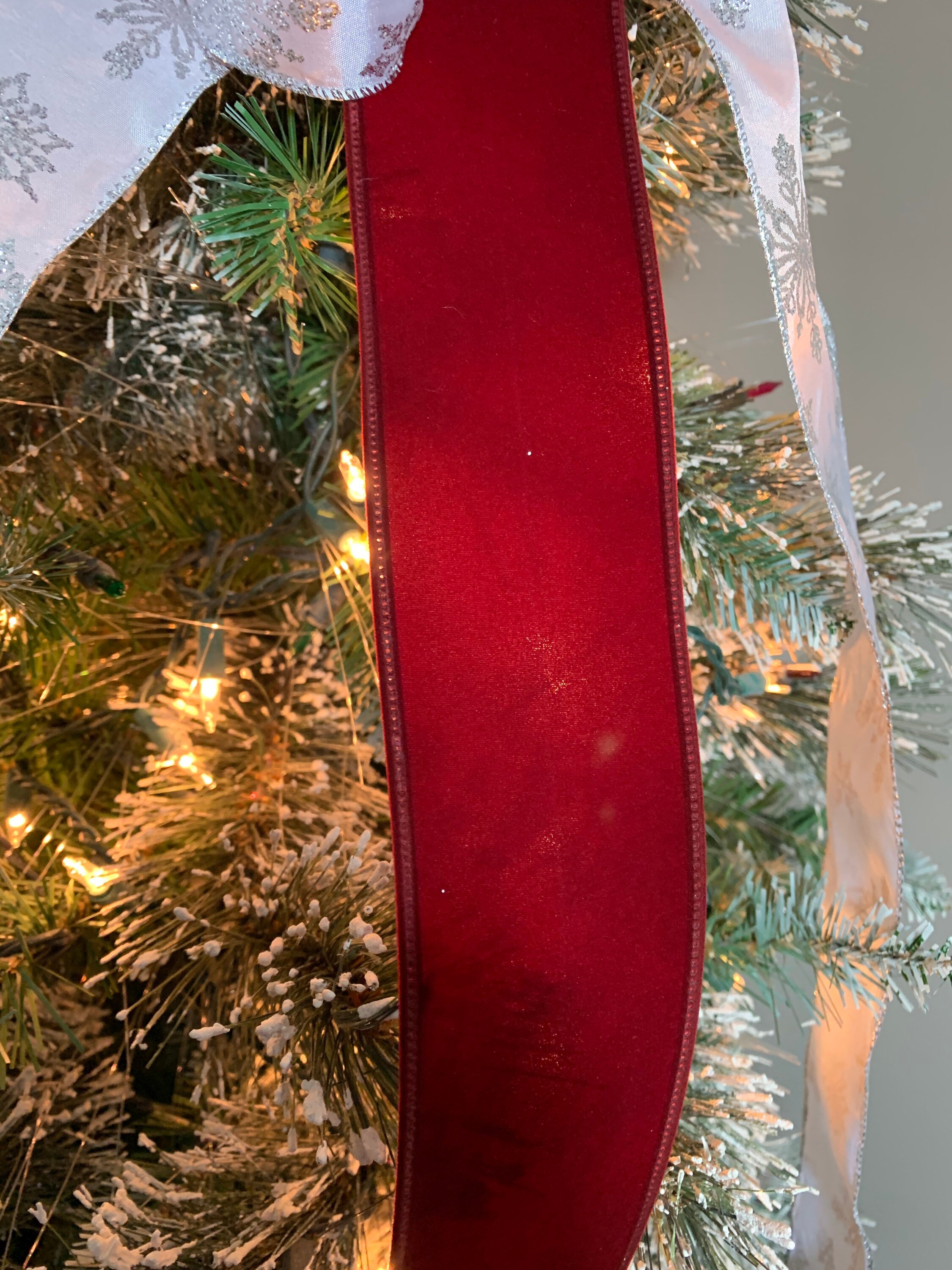 Large Christmas Tree Topper Burgundy Velour Ribbon and a White | Etsy