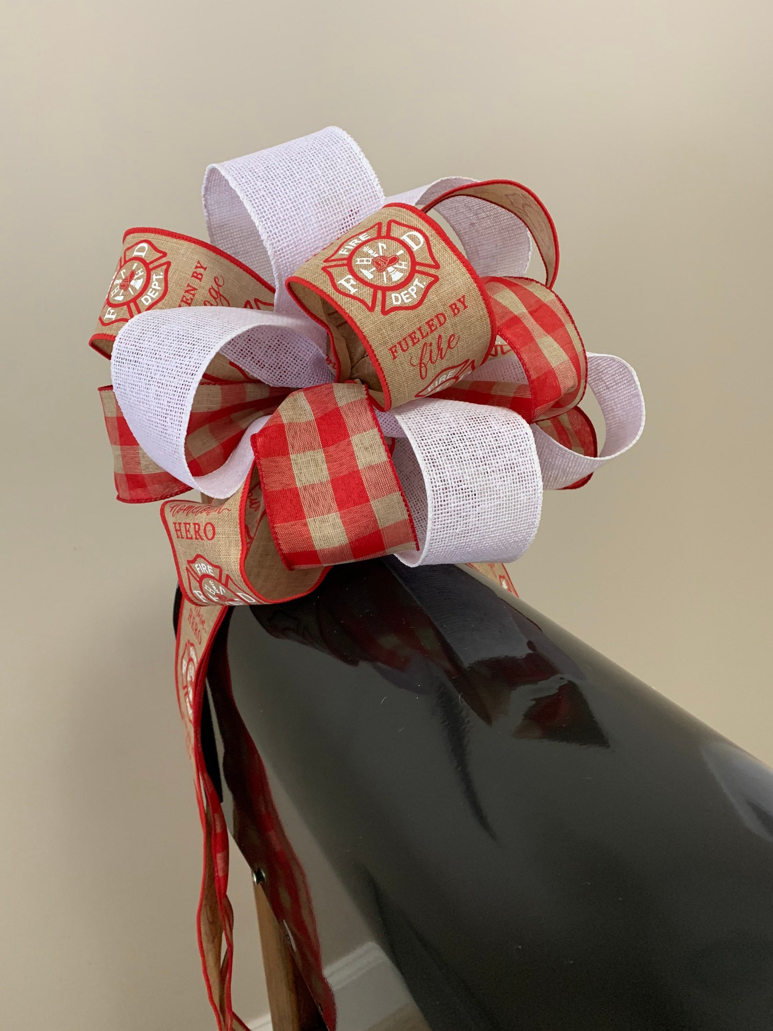 Mailbox Bow Sm. Tree Topper Firefighters Bow Natural Burlap | Etsy