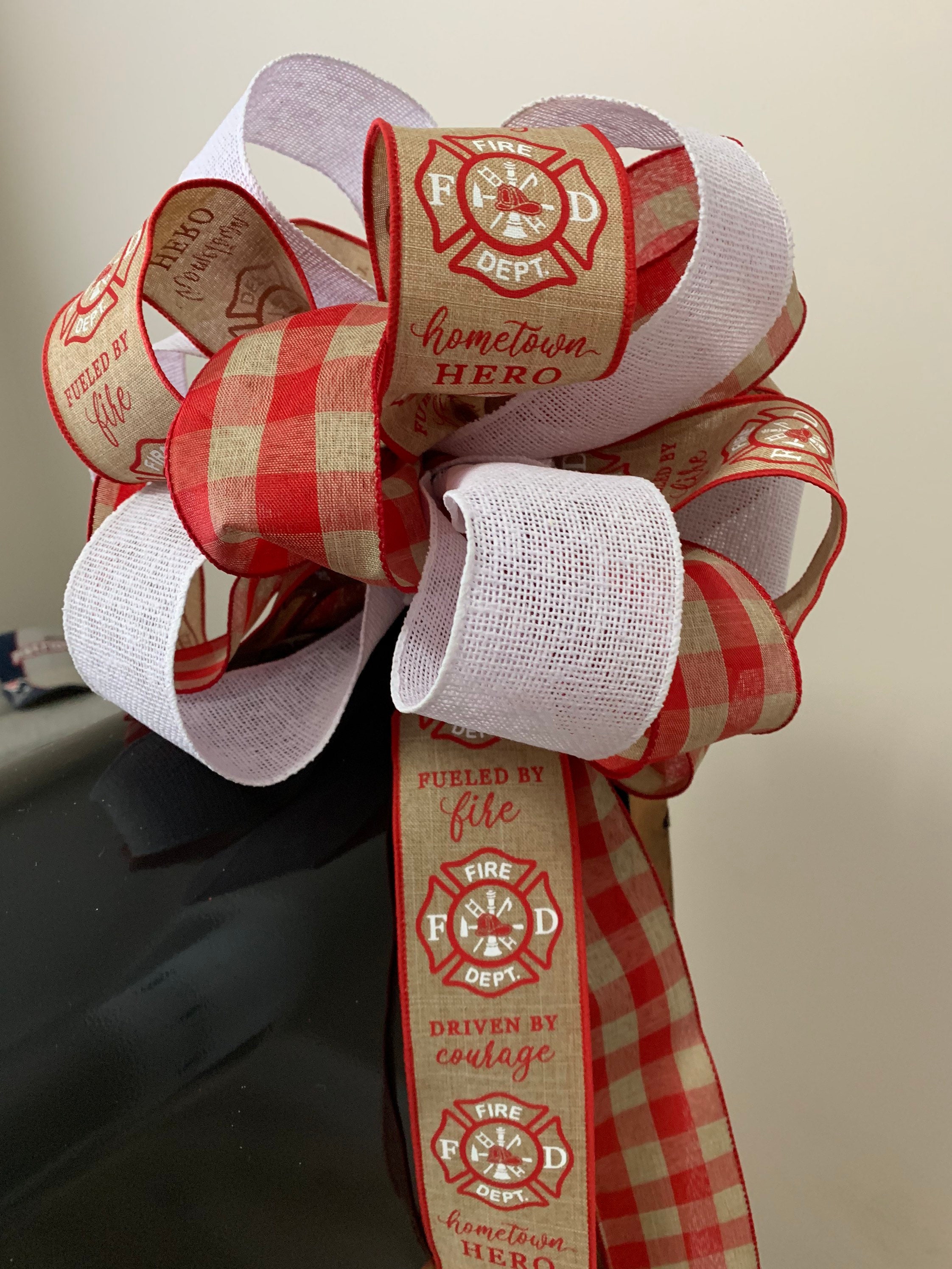 Mailbox Bow Sm. Tree Topper Firefighters Bow Natural Burlap | Etsy