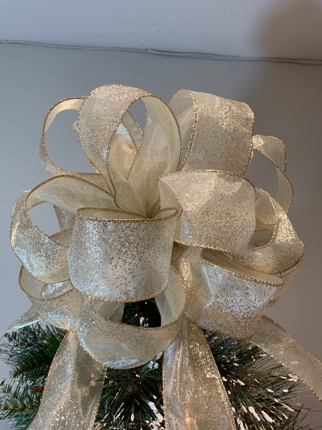 Large Sheer Ivory Ribbon With Ombre Champagne Gold Glitter Christmas ...