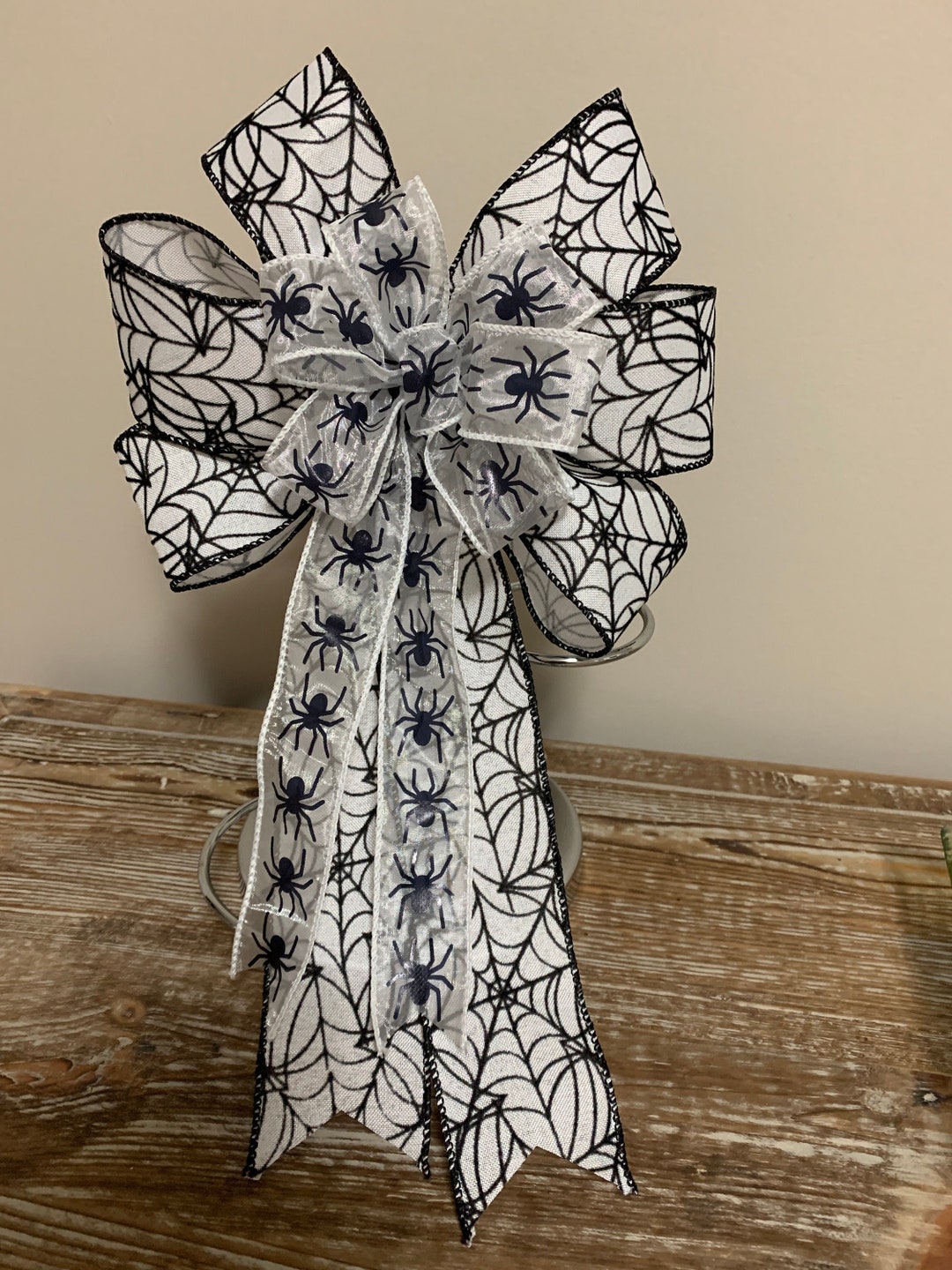 Halloween Bow: Black & White Spiderweb Print With Sheer Spider Ribbon ...